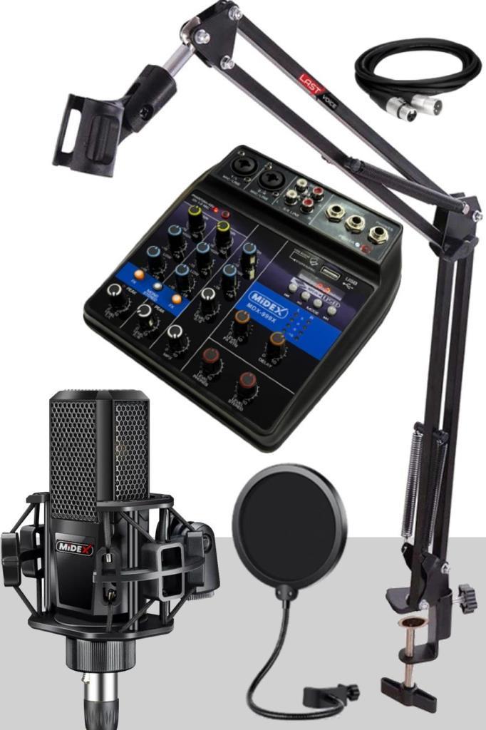 Midex CX1 Mixer Set Condenser Mikrofon Ses Kartlı Mikser + Stand + Filtre